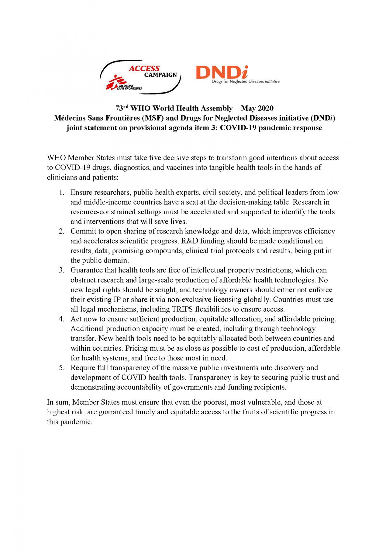 MSF and DNDi joint statement at WHA73: COVID-19 response | MSF Access