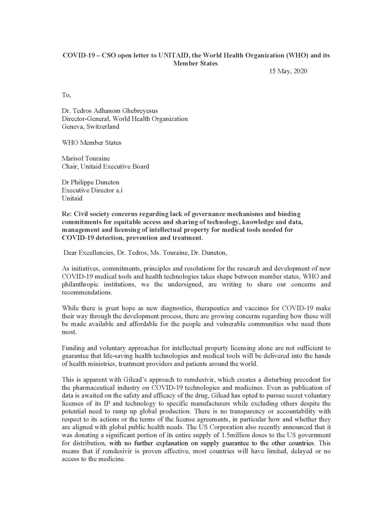 COVID-19 – CSO open letter to UNITAID, the World Health Organization ...