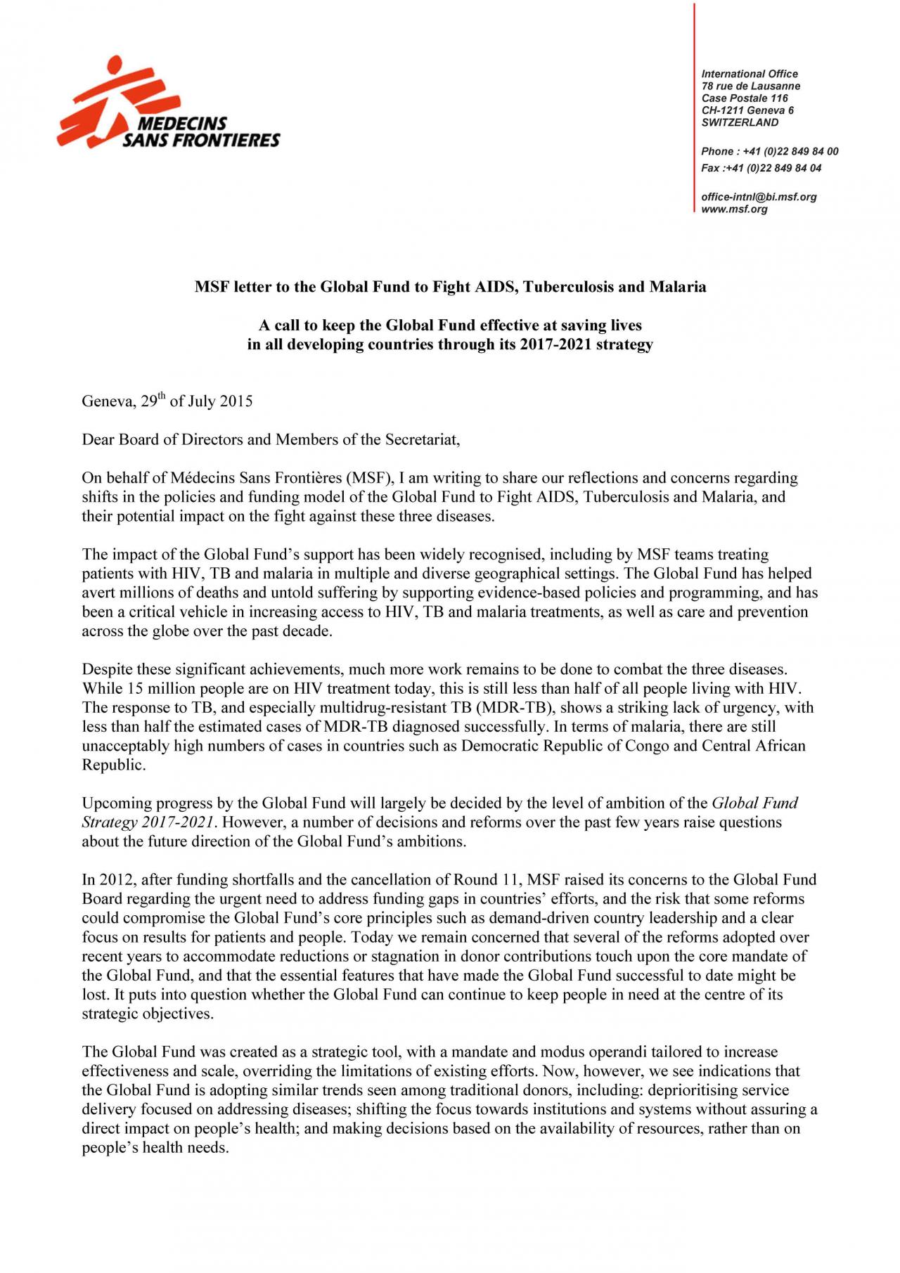 MSF letter to the Global Fund to Fight AIDS, Tuberculosis and Malaria | MSF Access