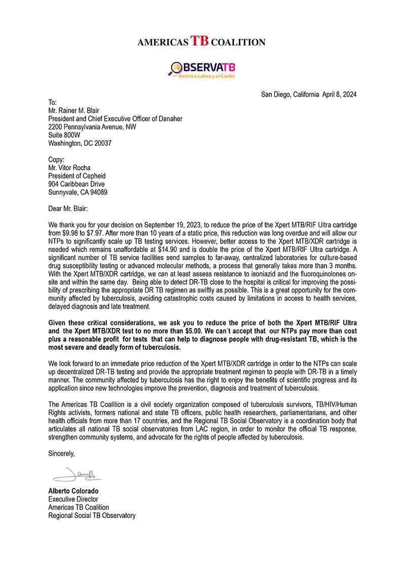 Americas TB Coalition letter to Danaher to reduce the price of ...