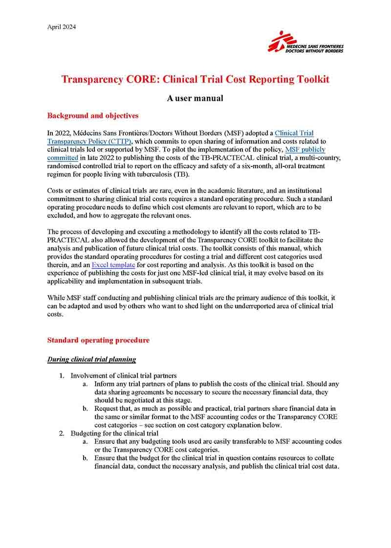 Transparency CORE: Clinical Trial Cost Reporting Toolkit | MSF Access