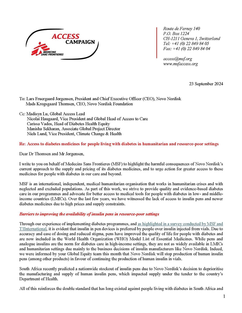Open letter to Novo Nordisk on barriers to accessing diabetes medicines ...
