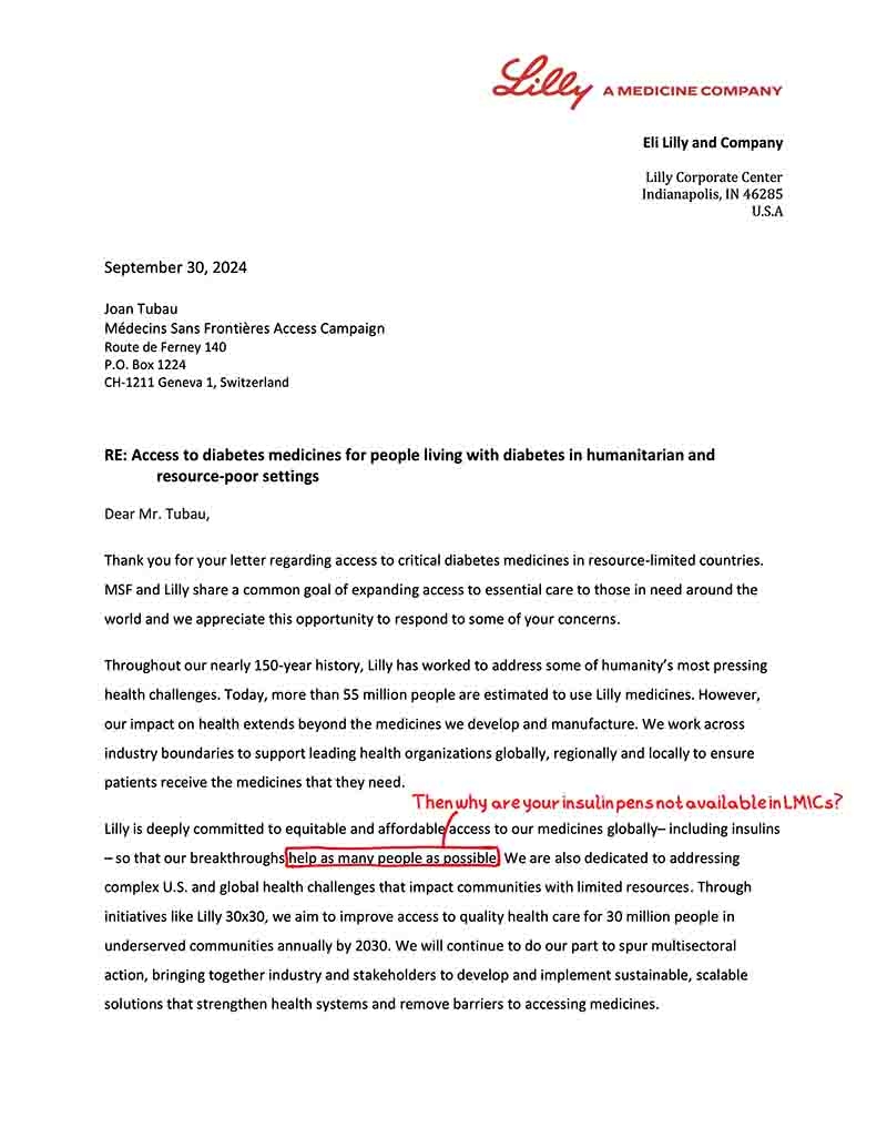 Comments on Eli Lilly’s reply letter on access to insulin | MSF Access